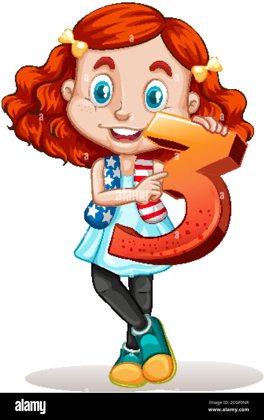 Cute girl with red hair holding math number three illustration Stock ...