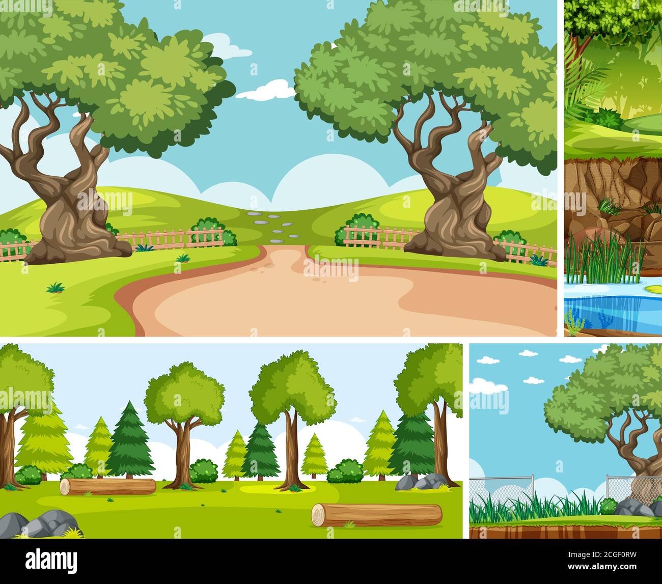 Six different scenes in nature setting cartoon style illustration Stock ...