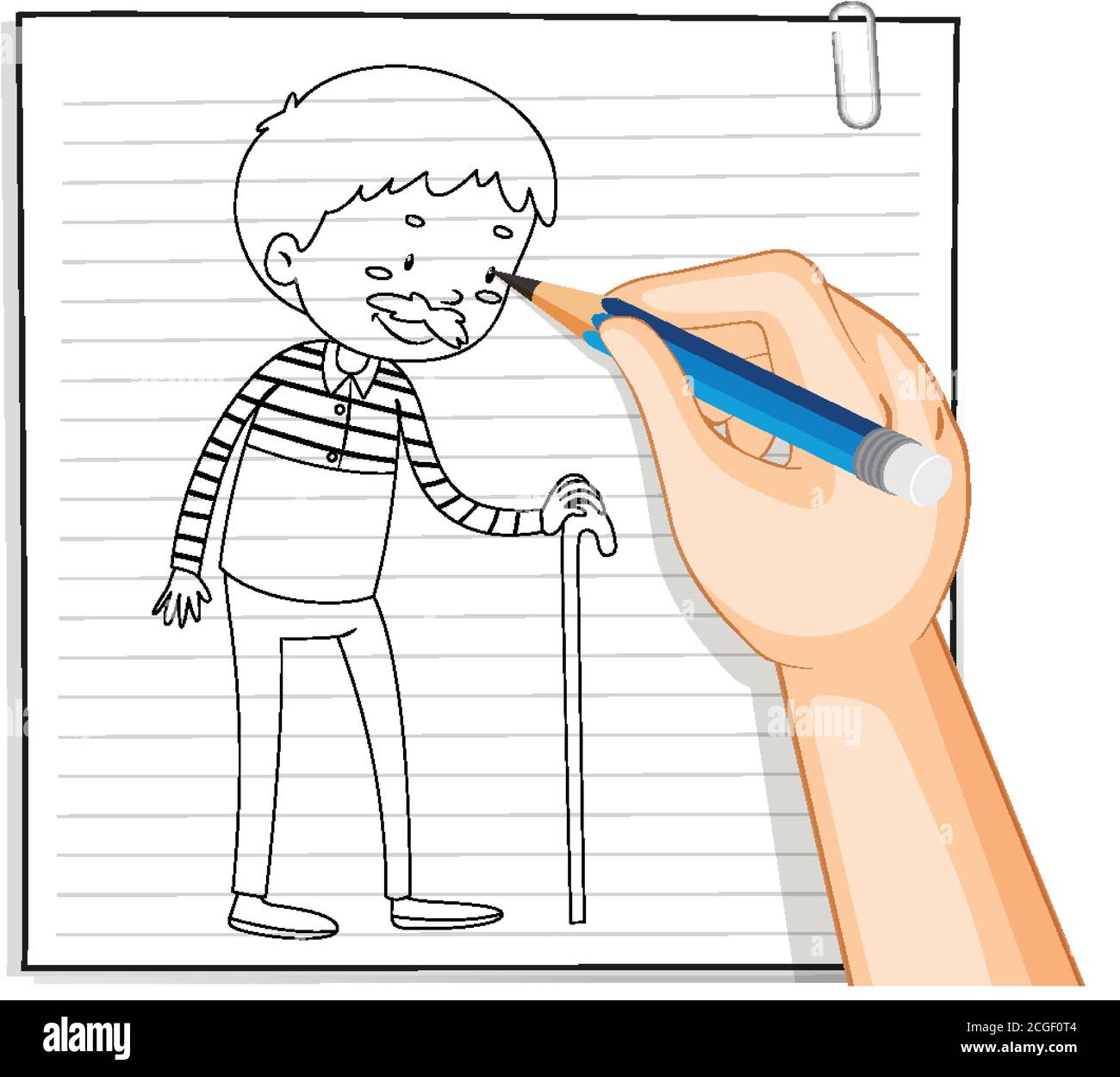 Hand writing of old man holding cane outline illustration Stock Vector ...