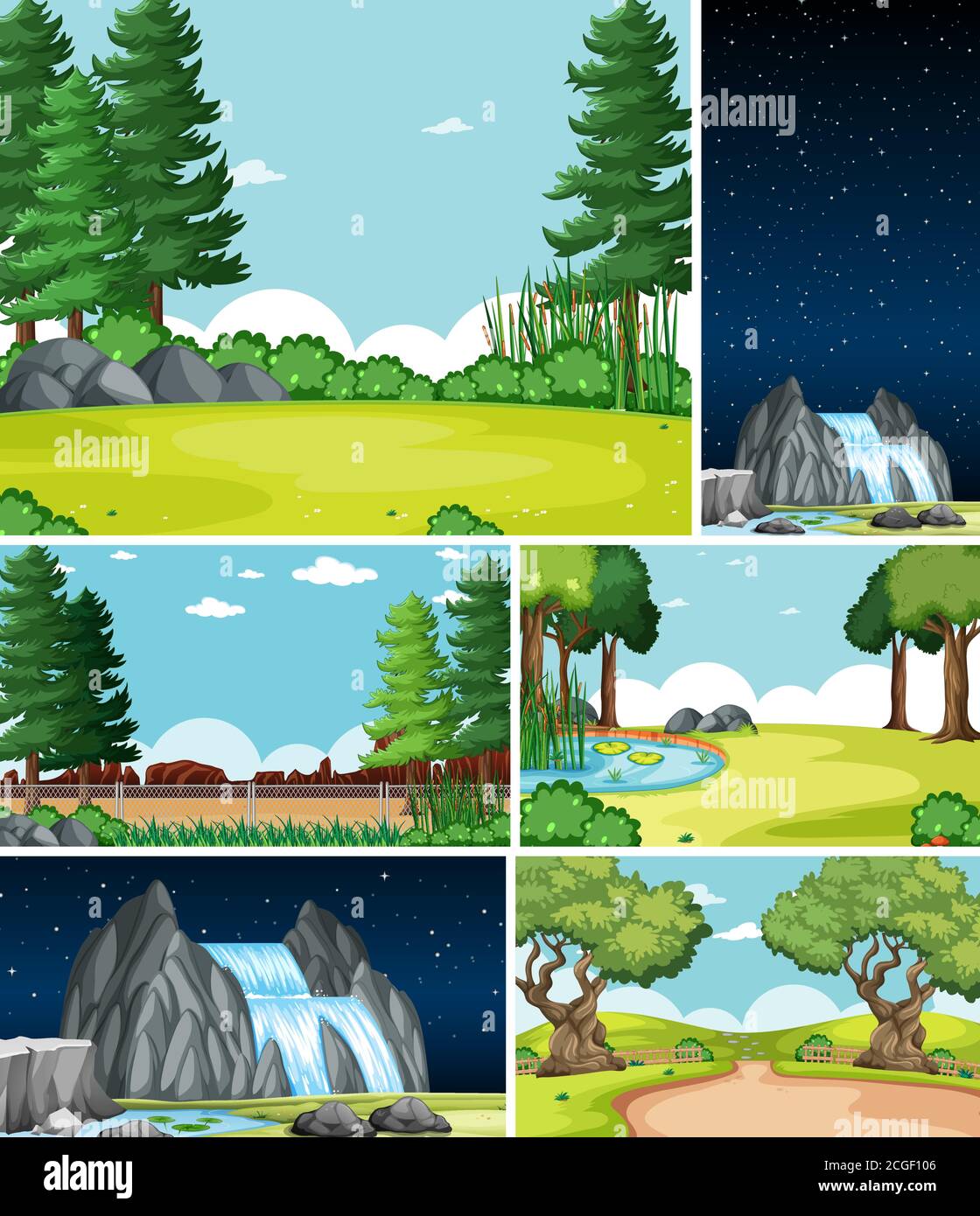 Six different scenes in nature setting cartoon style illustration Stock ...
