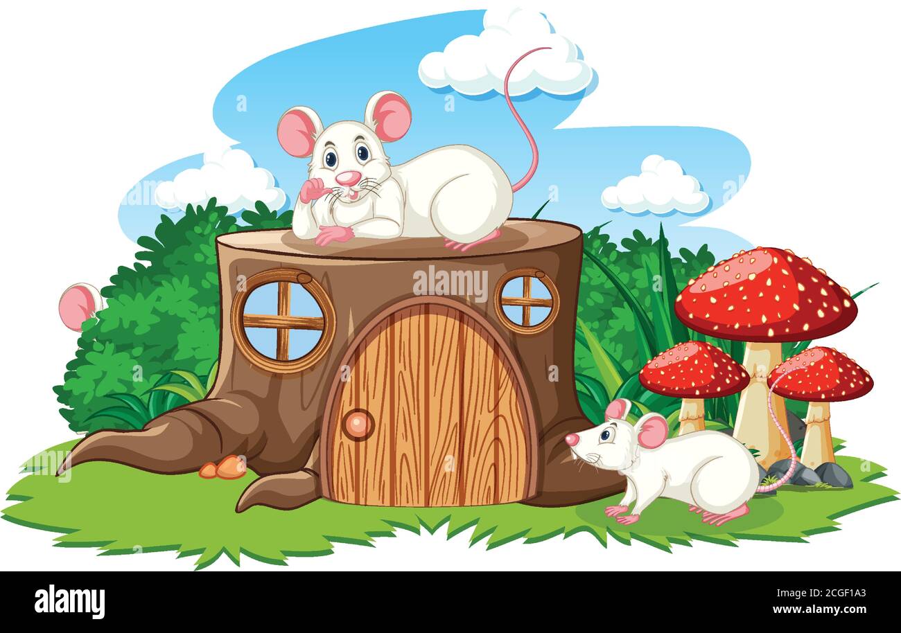 Stump house with white mouse cartoon style on white background ...