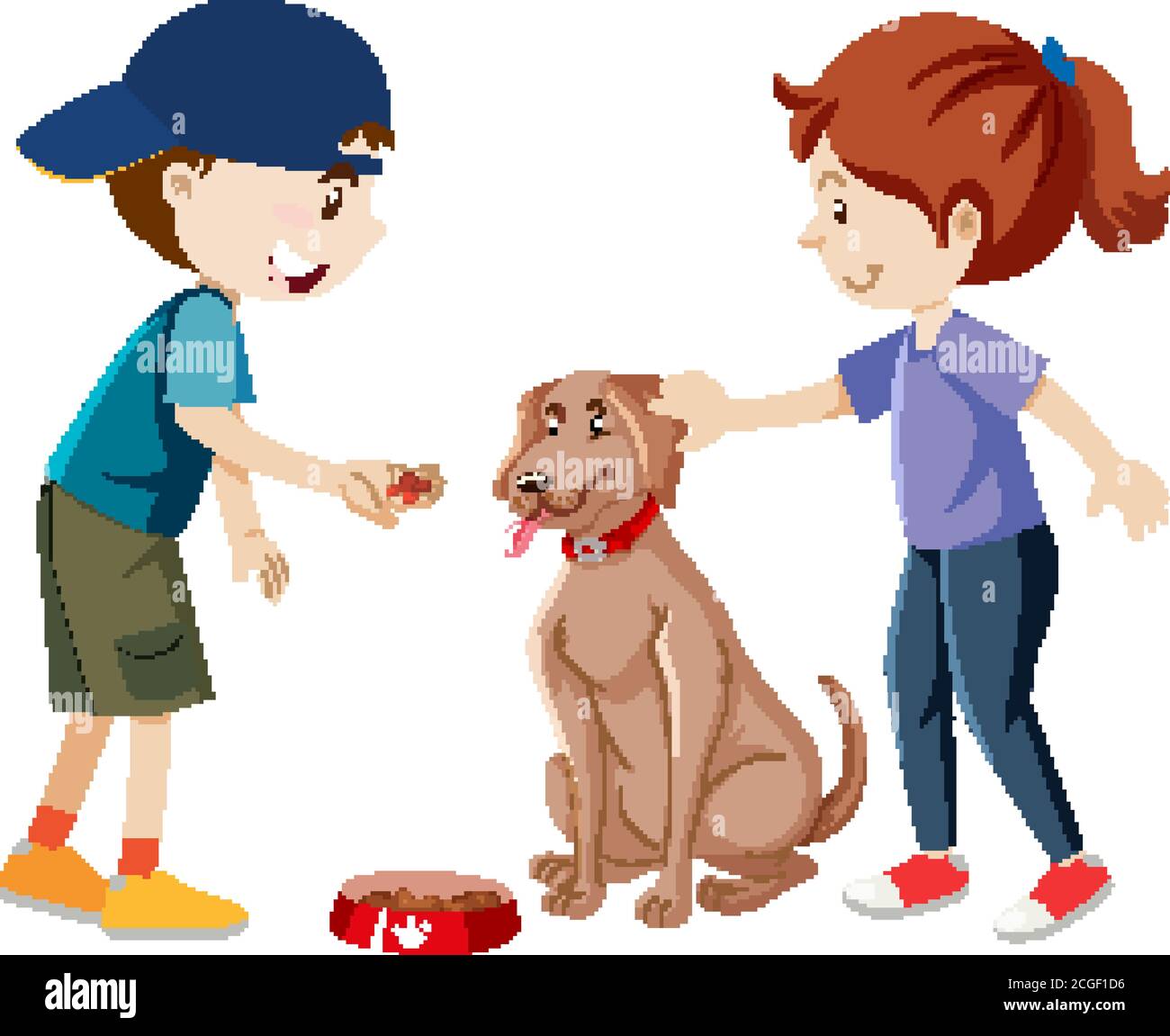 Two kids practicing and feeding their dog cartoon isolated illustration ...