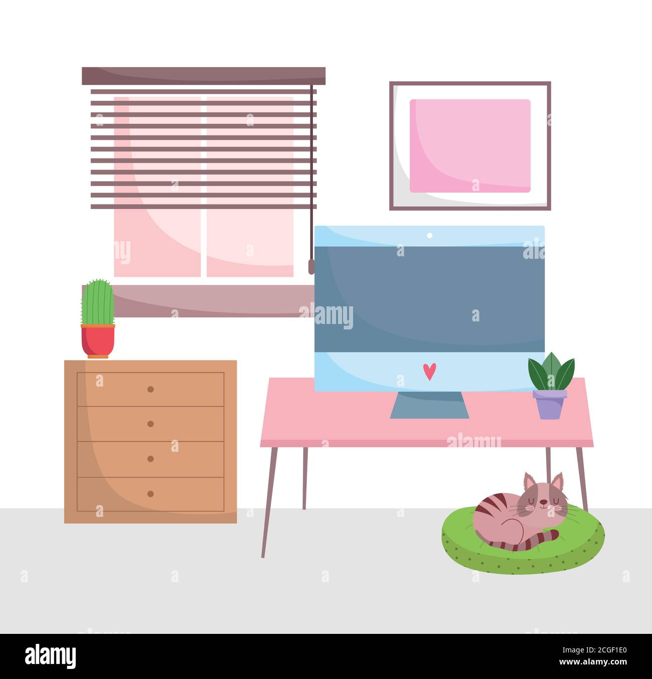 home office workplace computer on desk with cabinet plants cat in ...