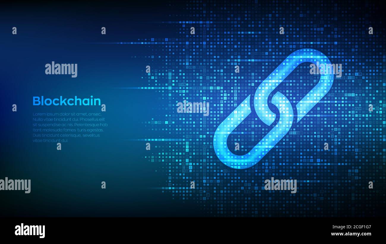 Link icon made with binary code. Blockchain technology. Cooperation symbol. Communication ...