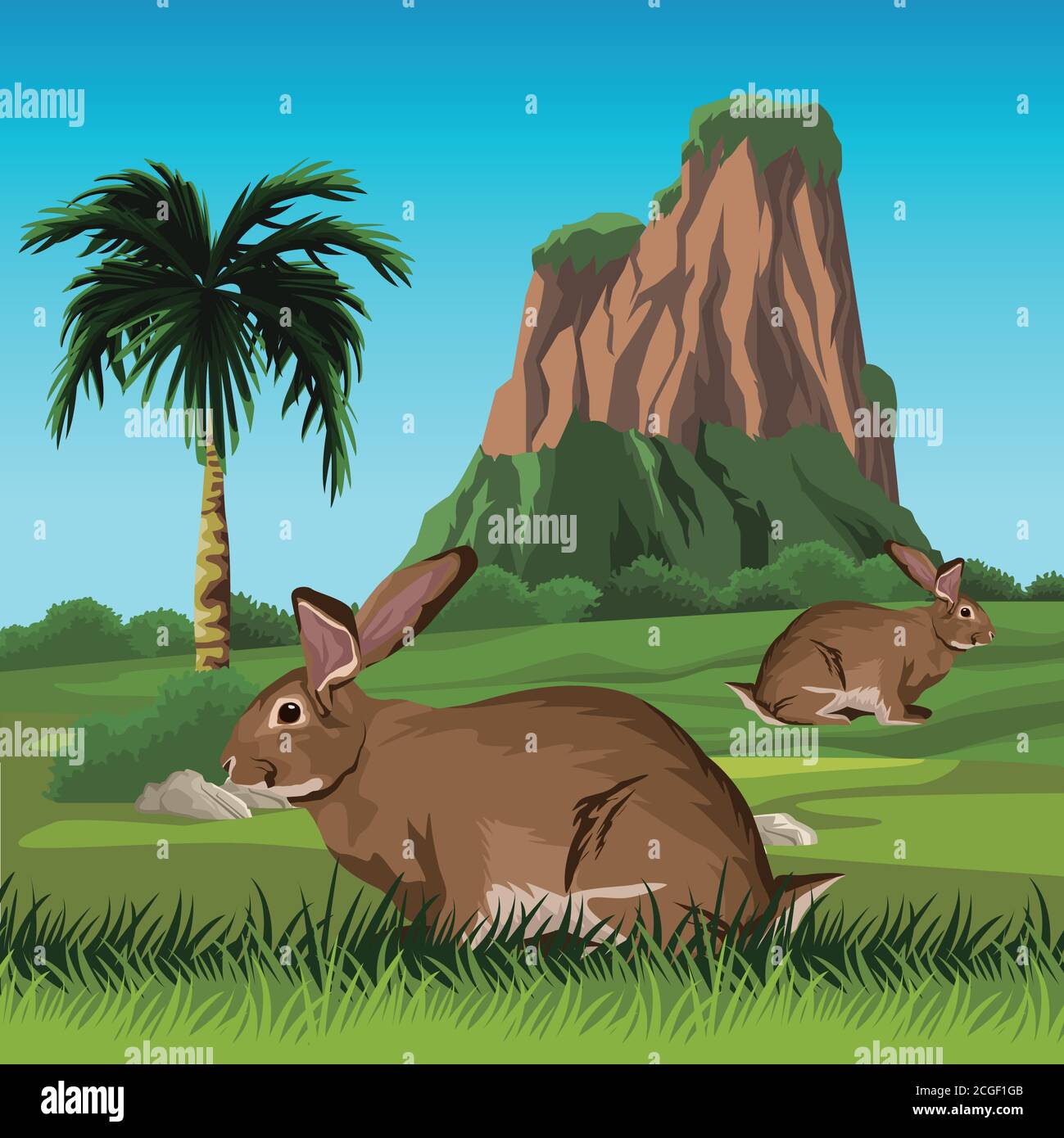 cute wild rabbits in the landscape vector illustration design Stock ...