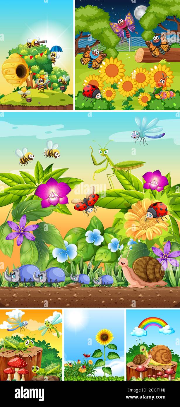 Set of different insects living in the garden background illustration ...