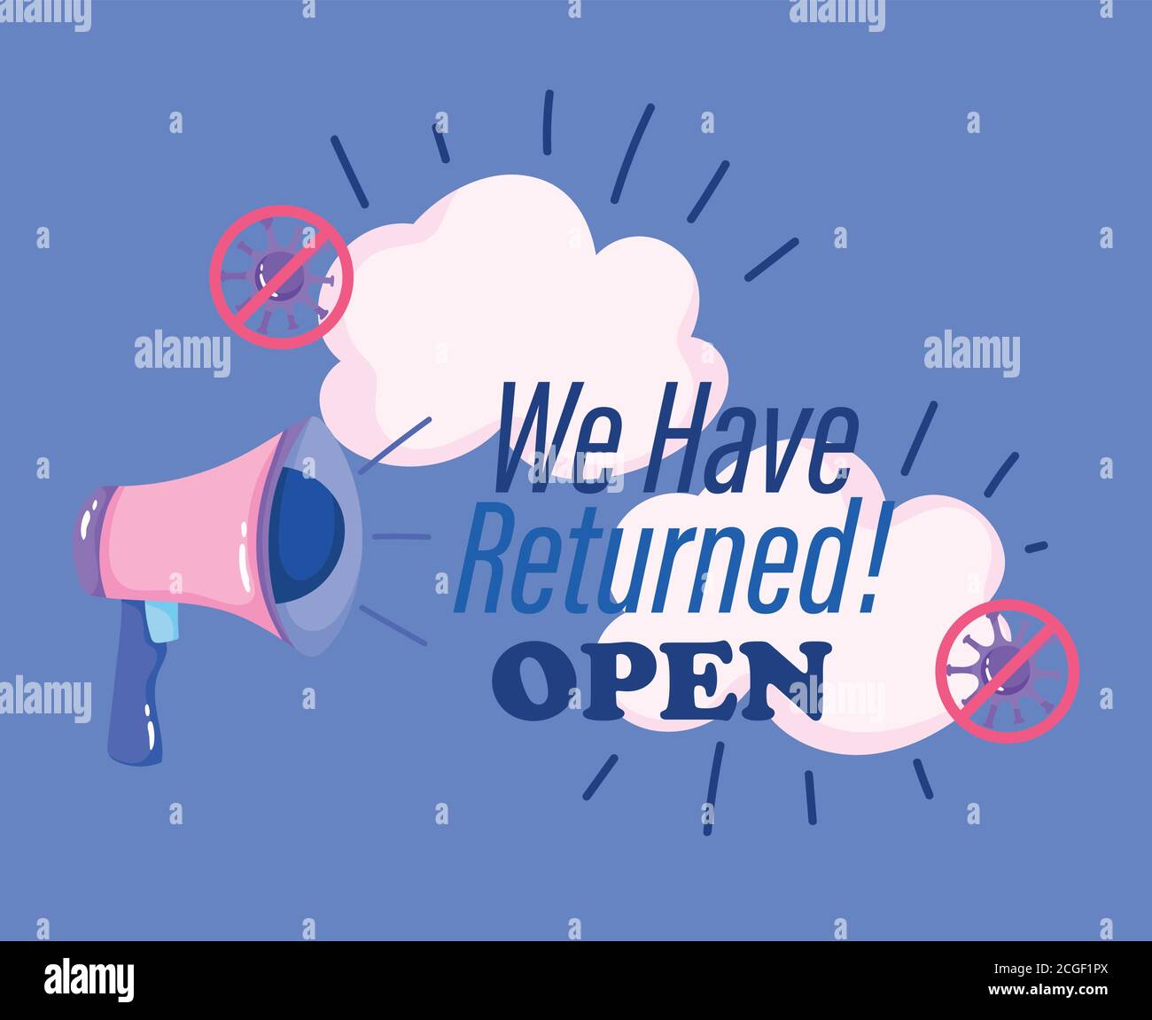 reopening, megaphone with we have returned open message, coronavirus ...