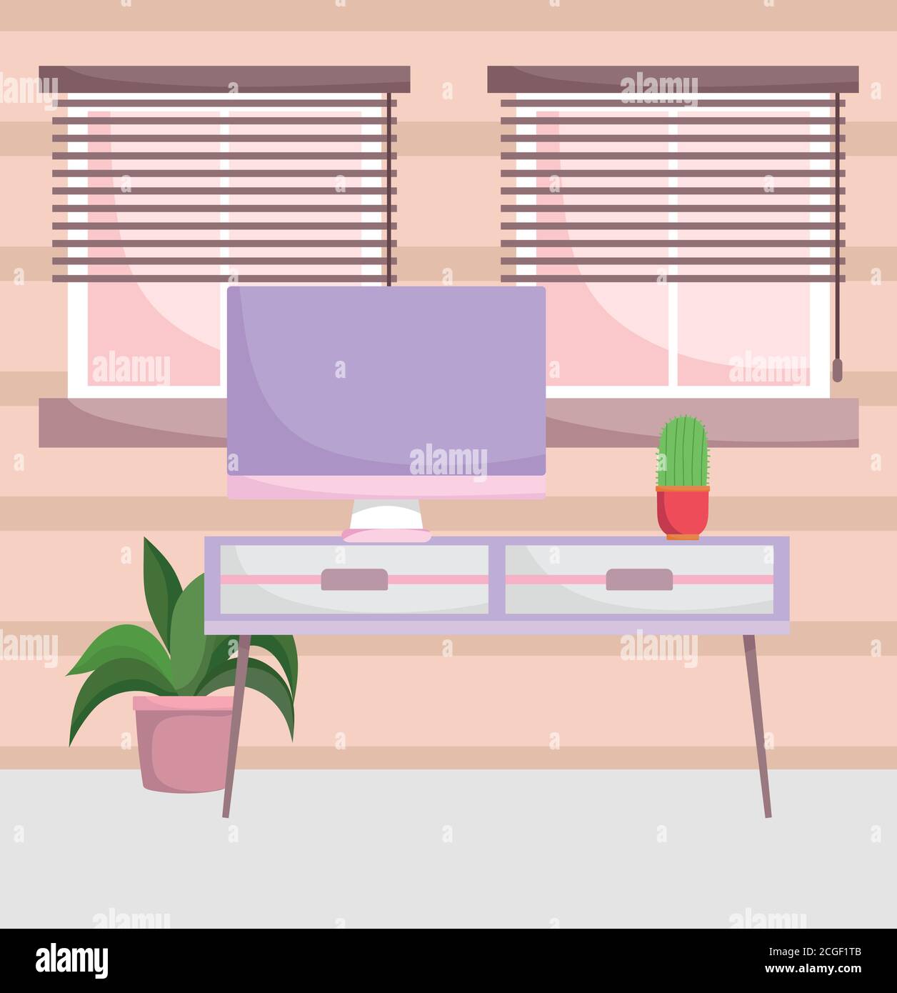 home office workplace computer screen on table with potted plants and ...