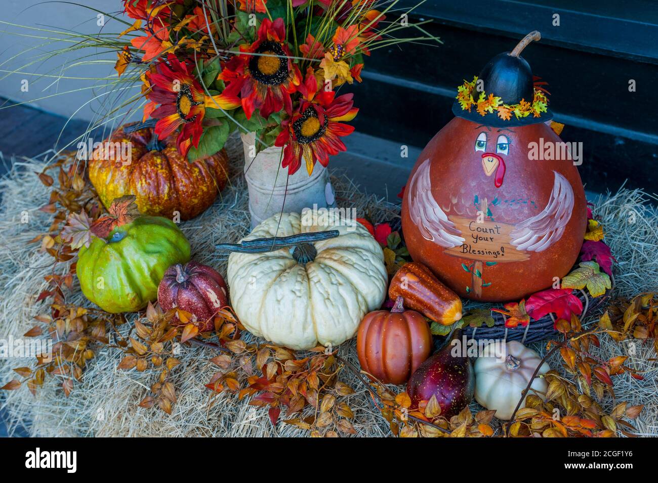 Fall decorations at the city market in the historic district of ...