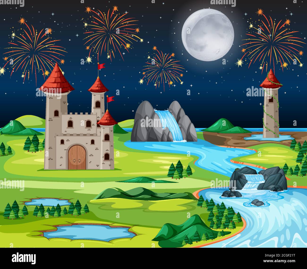 Theme night castle park with fire work and balloon landscape scene ...