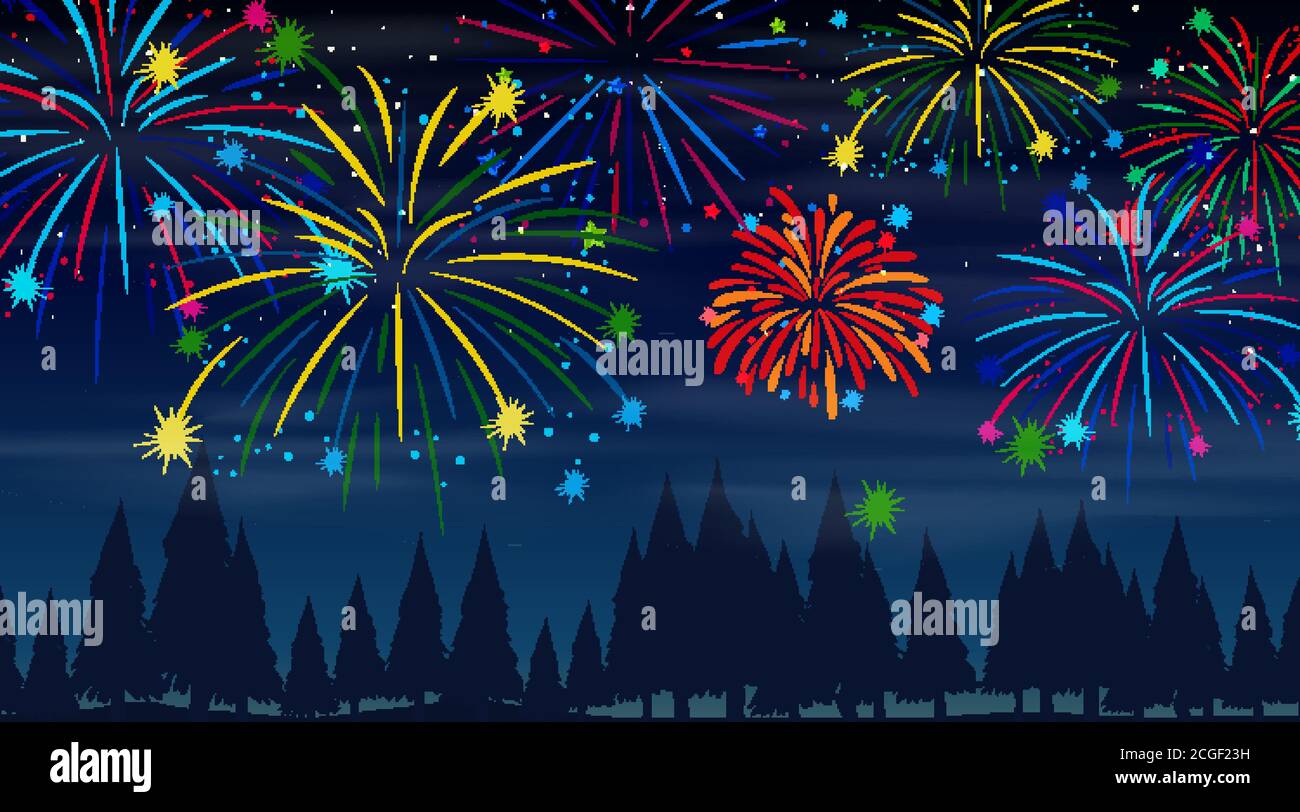Forest with celebration fireworks scene illustration Stock Vector Image ...