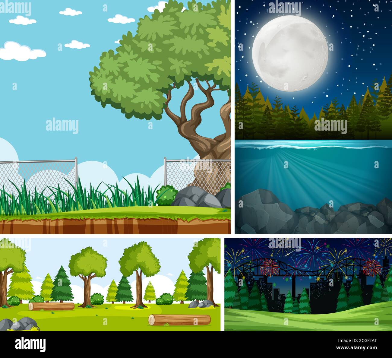 Four different scenes in nature setting cartoon style illustration ...