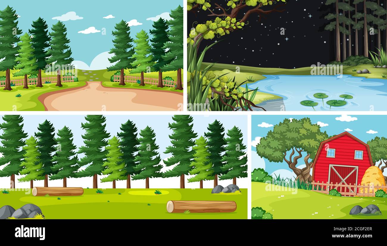 Four different scenes in nature setting cartoon style illustration ...