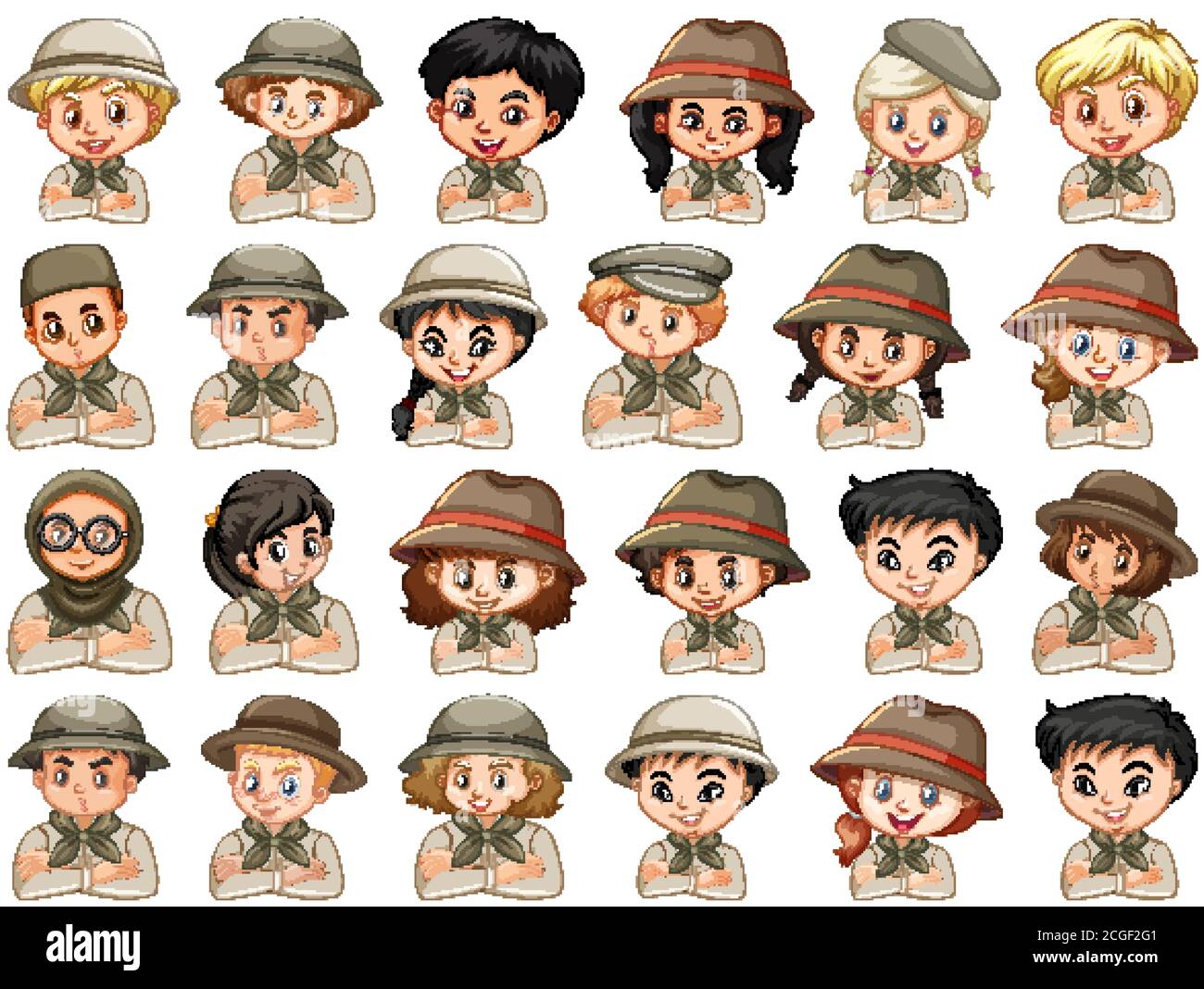 Set of different characters of boys and girls scout costume on a white ...