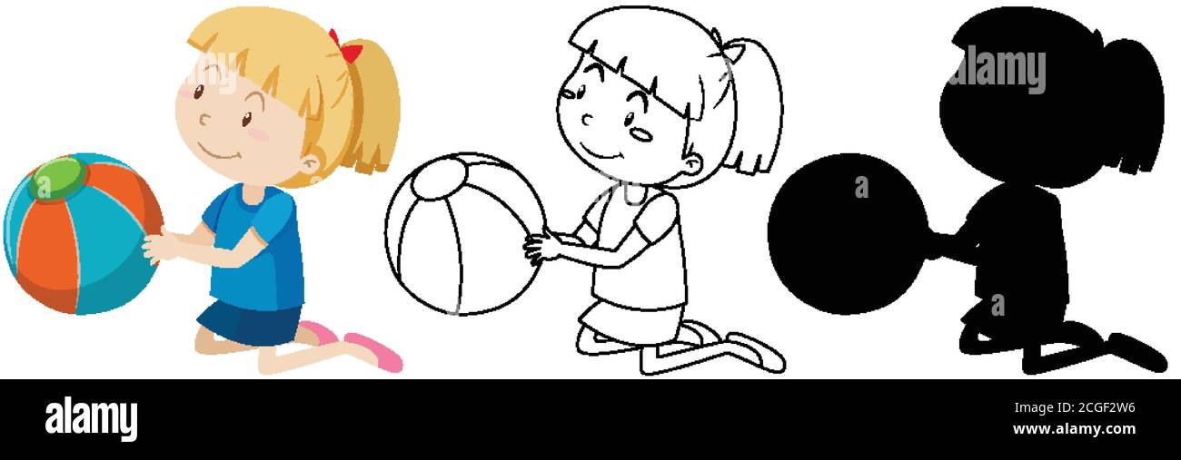 Girl with the ball in color and in outline and silhouette illustration ...