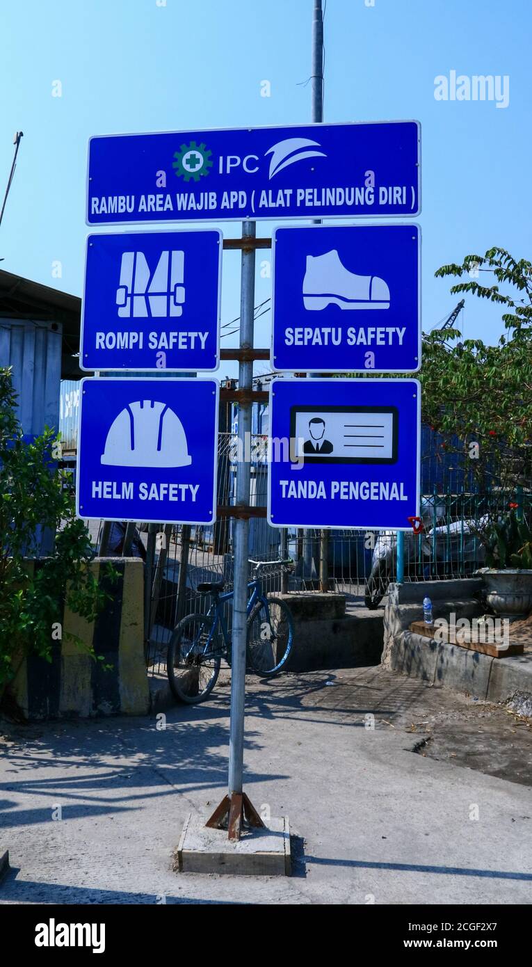 Jakarta, Indonesia - September 1, 2019: Safety sign at the Sunda Kelapa ...