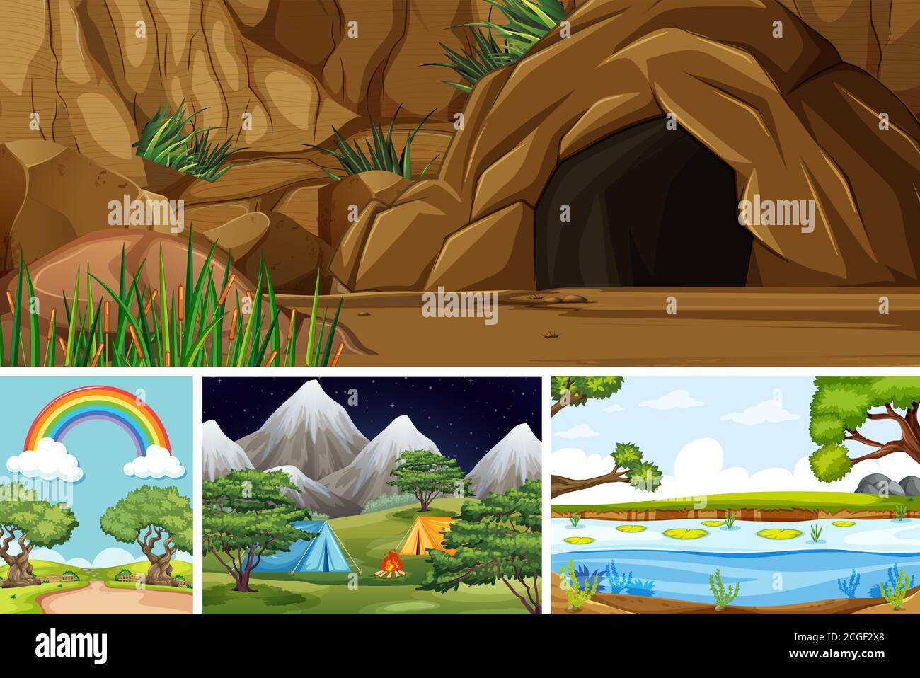 Four different scenes in nature setting cartoon style illustration ...