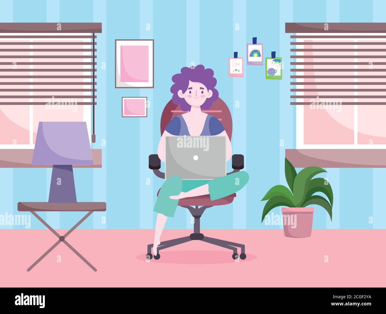 home office workspace, avatar person working with laptop in room vector ...