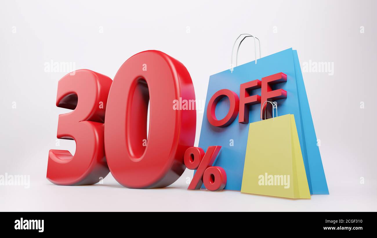 30% symbol with shopping bag , 3D render isolated background Stock ...