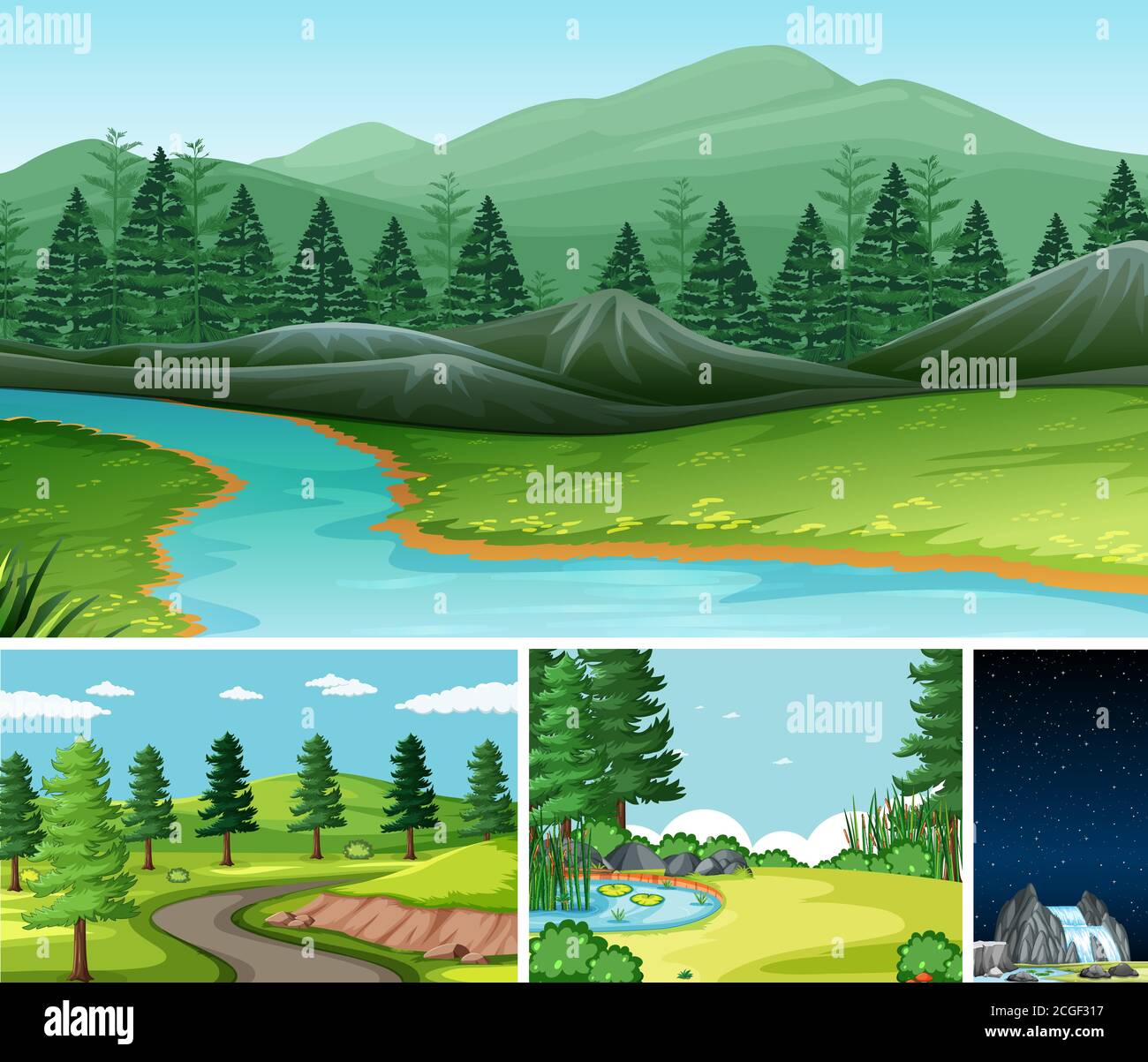 Four different scenes in nature setting cartoon style illustration ...