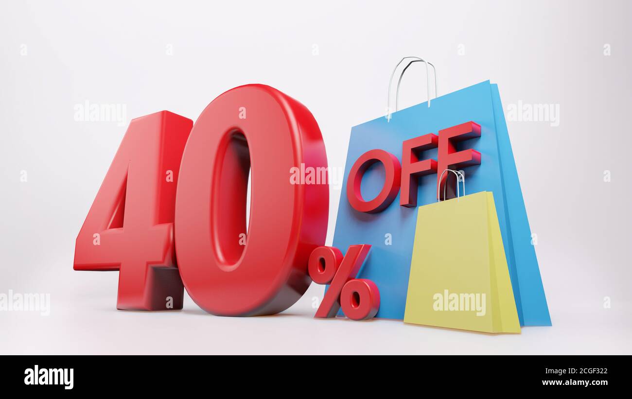 40% symbol with shopping bag , 3D render isolated background Stock ...