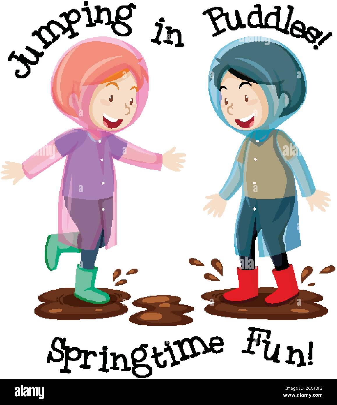 Two kids with jumping in puddles and springtime fun texts cartoon style ...