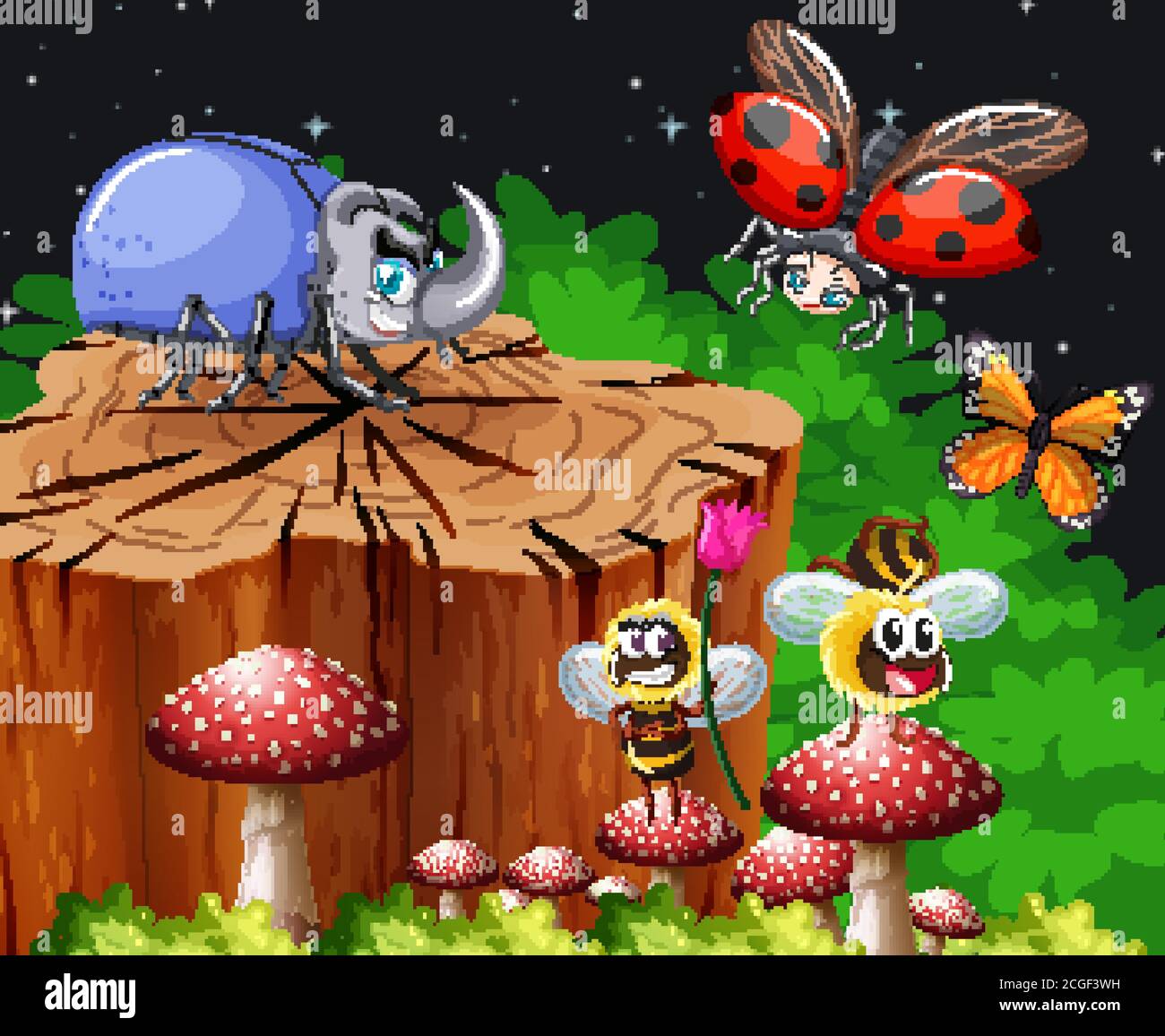 Different insects and beetles living in the garden scene at night ...