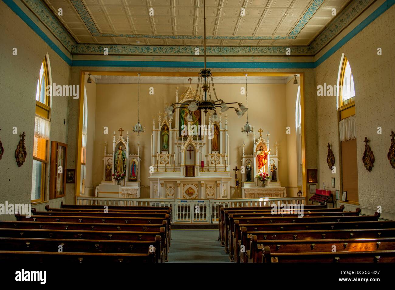 The interior of Holy Family Church in the old mining town of Jerome in ...