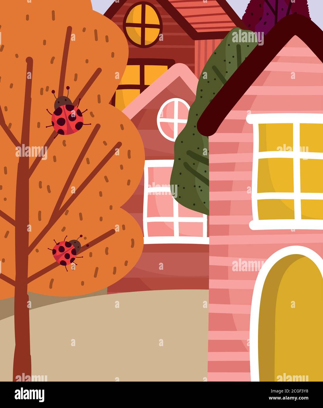 hello autumn, rustic houses trees with ladybugs background vector ...