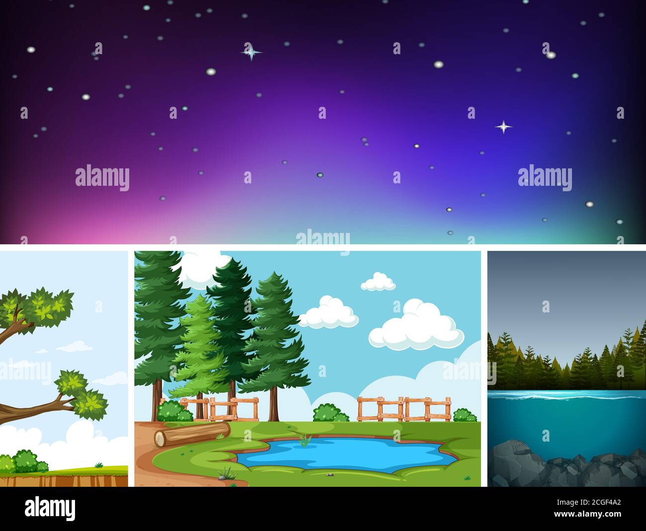 Four different scenes in nature setting cartoon style illustration ...