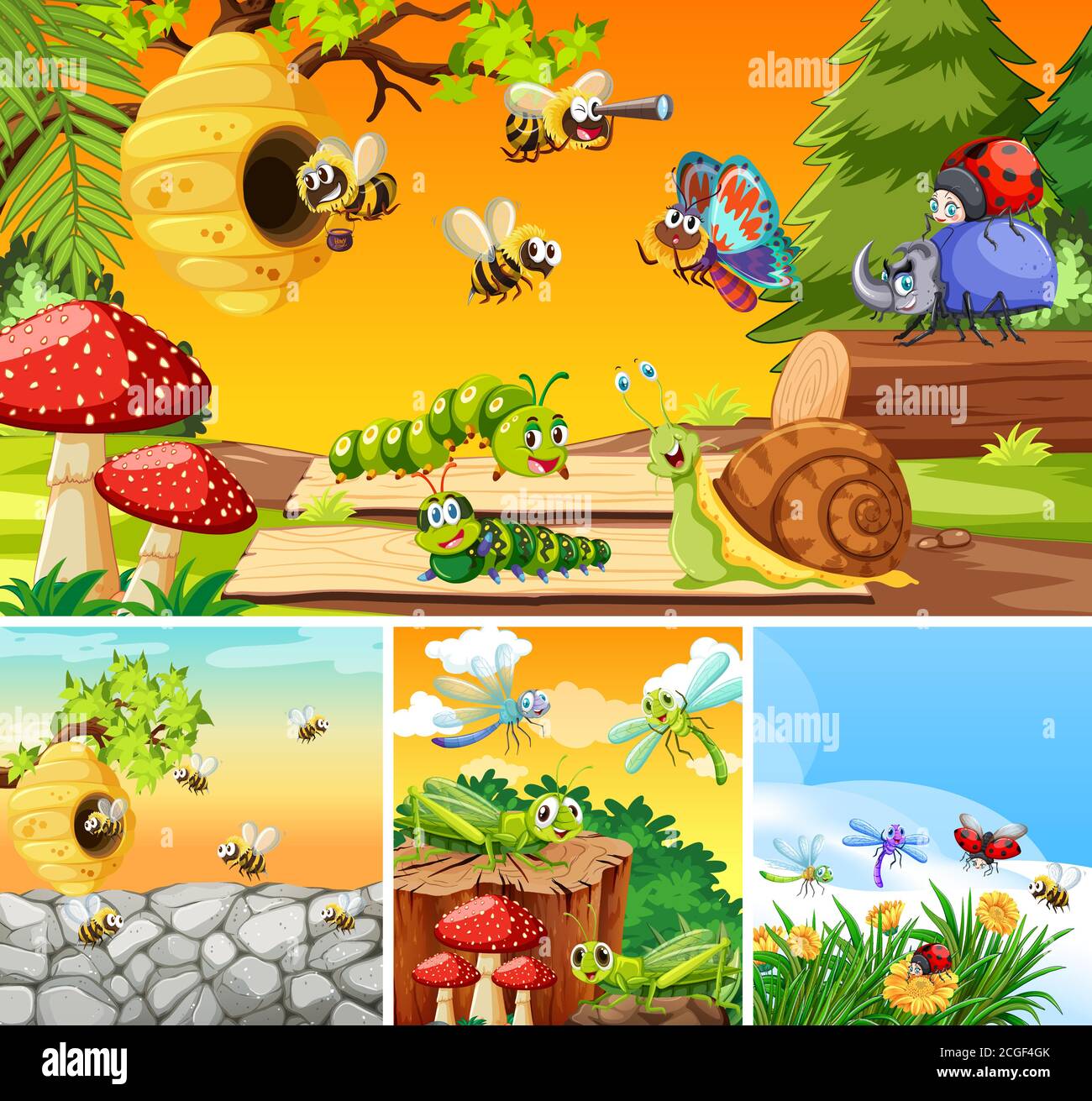 Set of different insects living in the garden background illustration ...