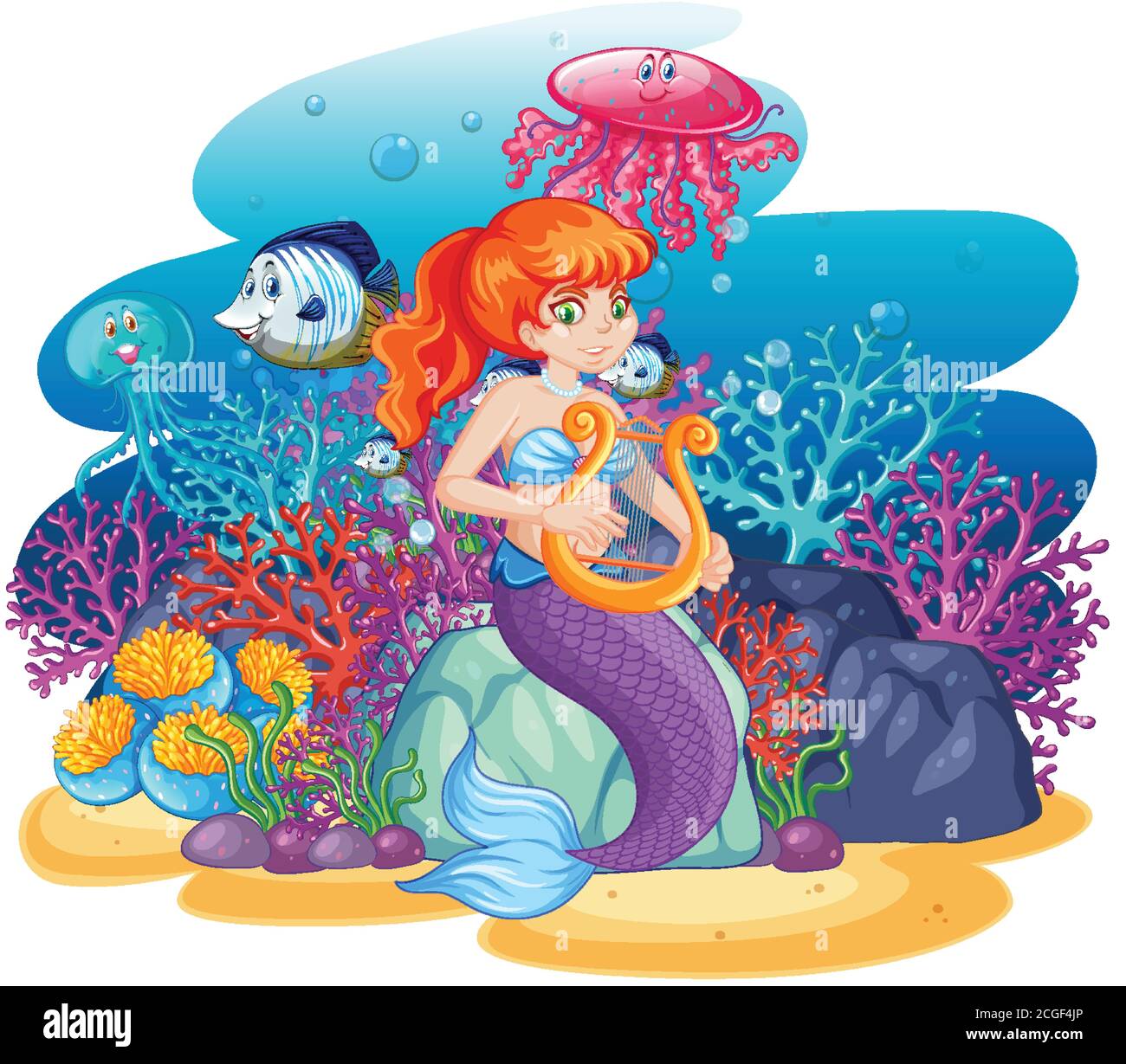 Cute mermaid with animal sea theme scene cartoon style isolated ...