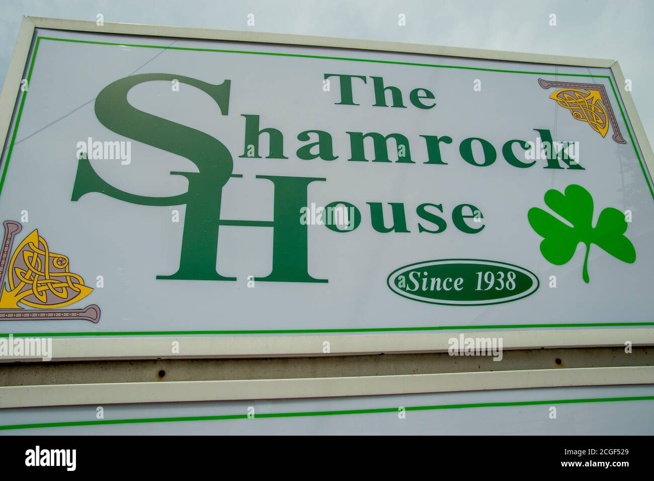 The sign of the restaurant and hotel The Shamrock House in the Irish ...