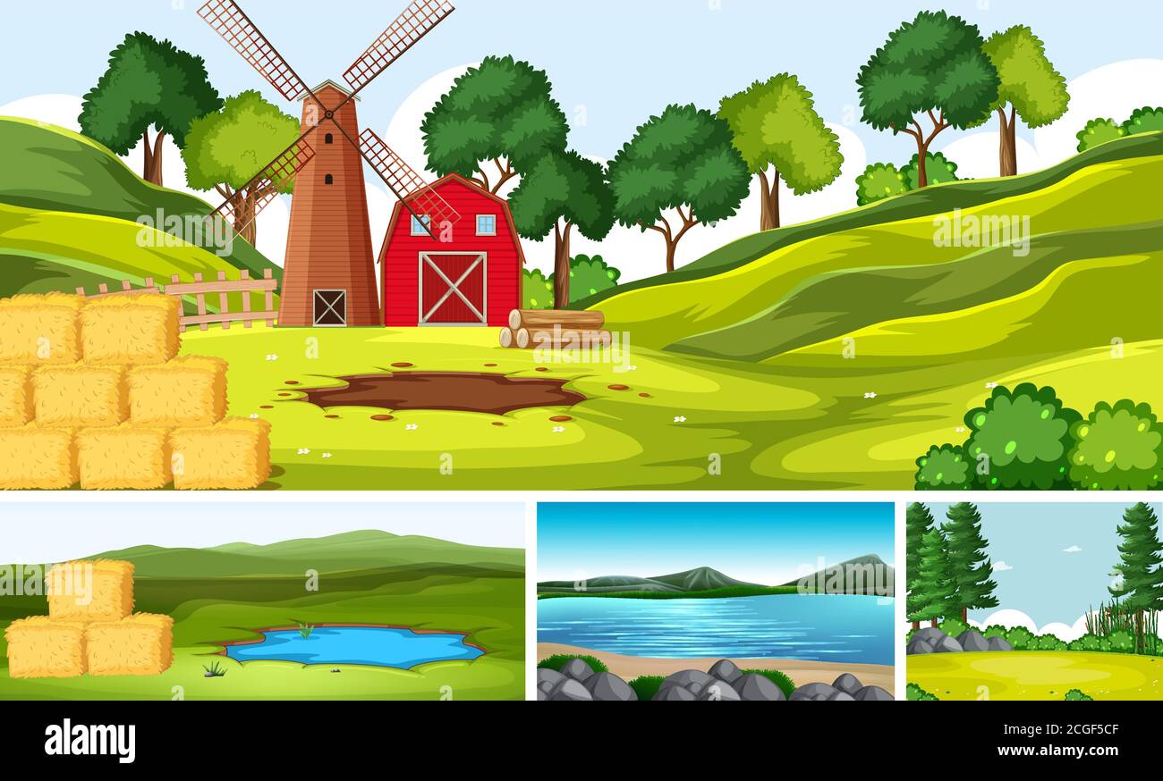 Four different scenes in nature setting cartoon style illustration ...