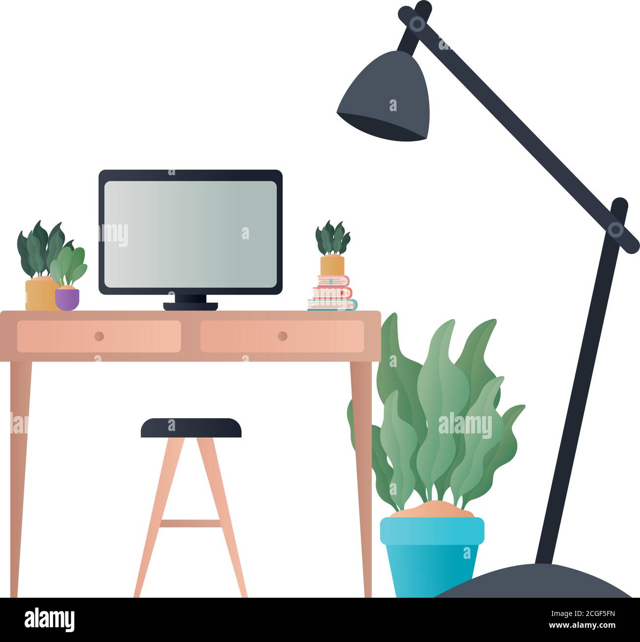 desk with computer lamp and plants vector design Stock Vector Image ...