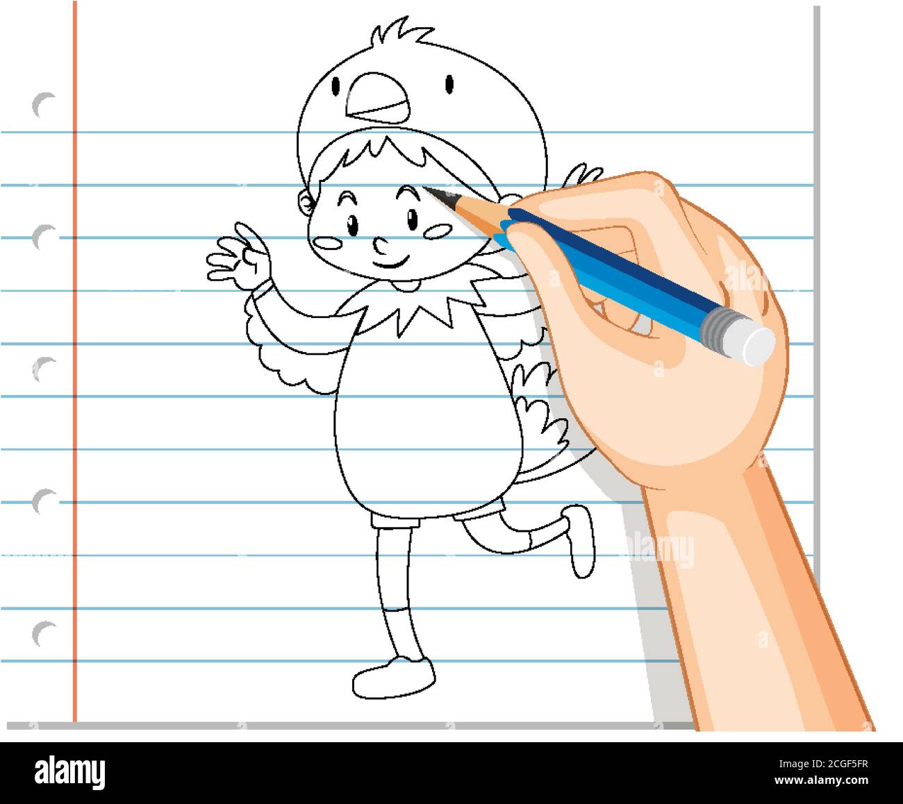 Hand drawing of kid in chicken costume outline illustration Stock ...