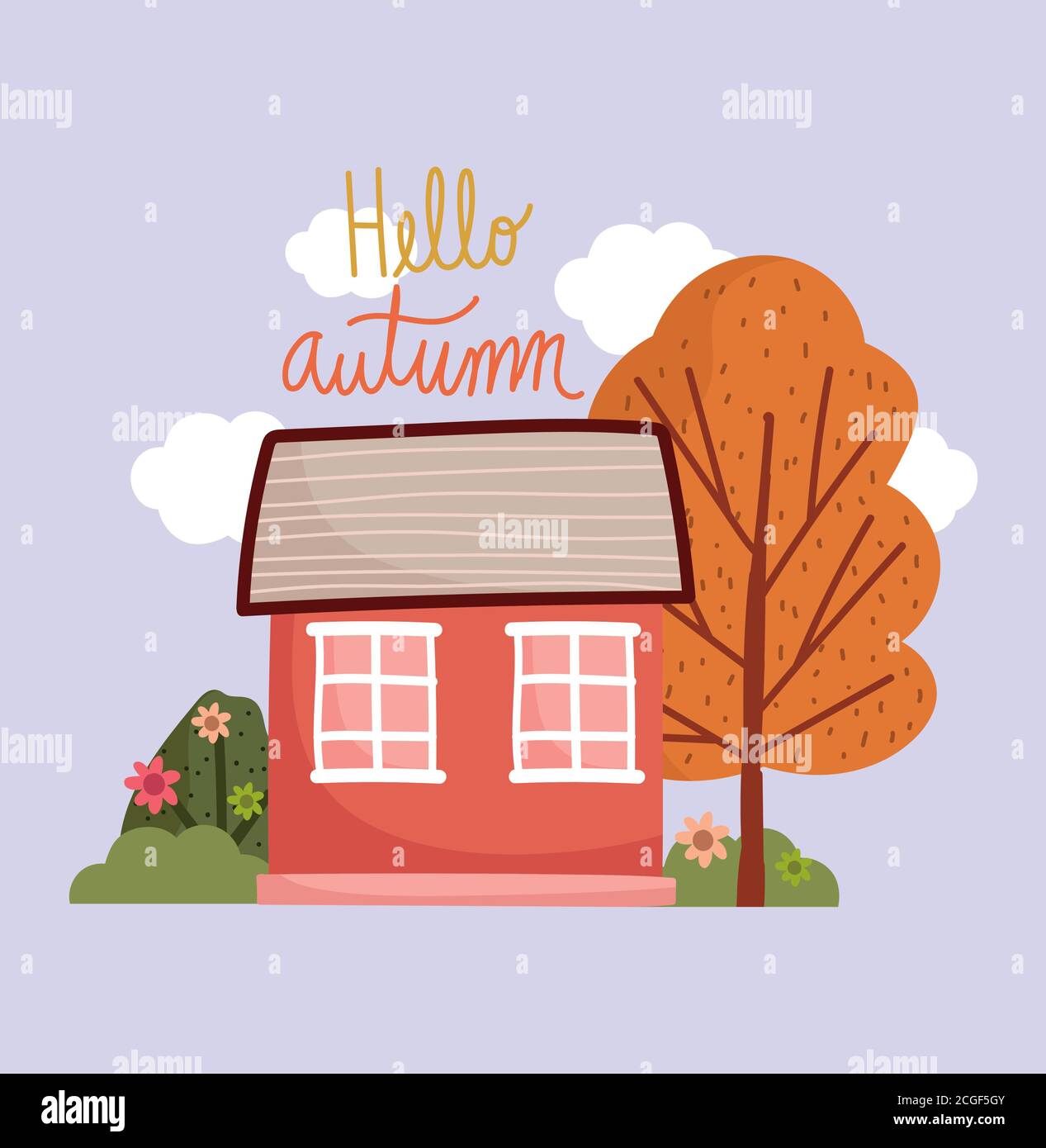 hello autumn, rustic house tree flowers foliage nature cartoon vector ...