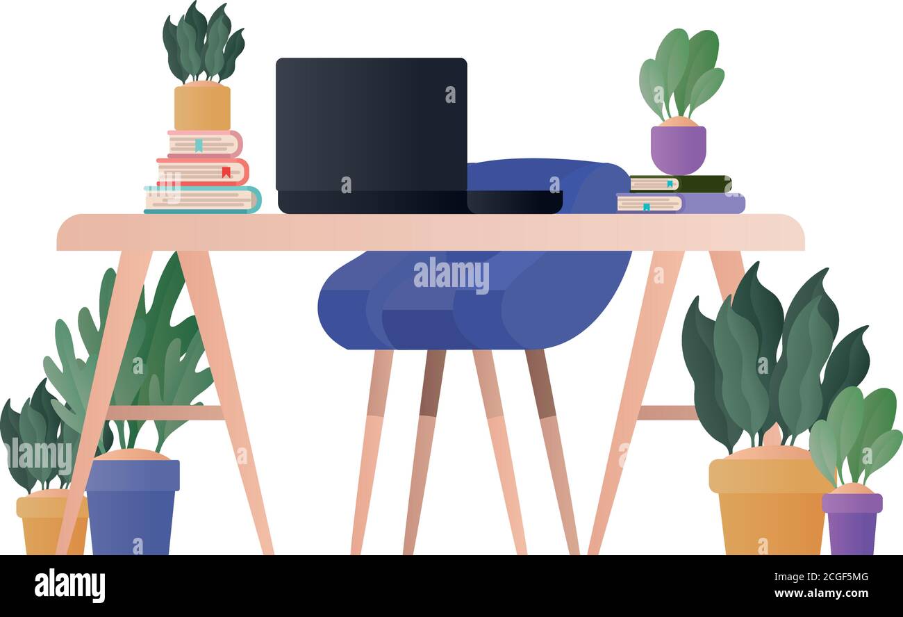 desk with laptop books plants and chair vector design Stock Vector ...