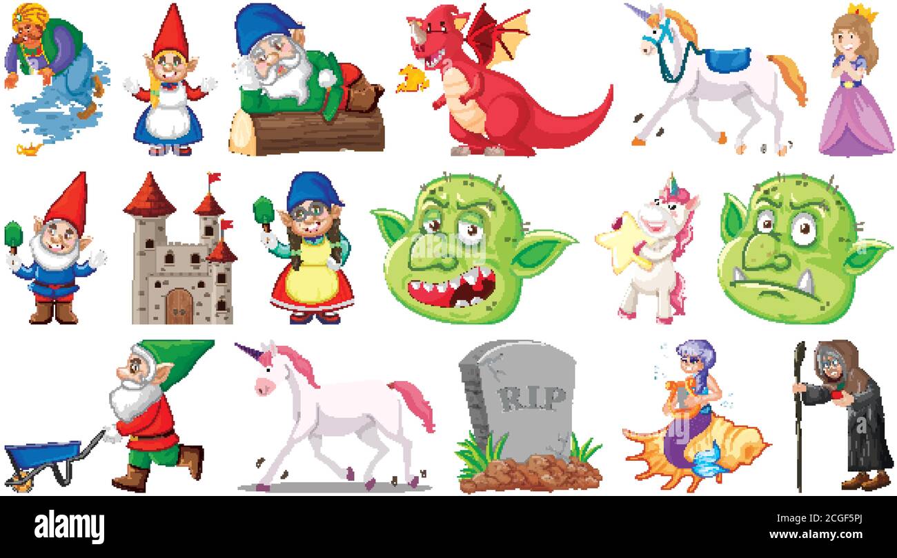 Set of fantasy cartoon characters and fantasy theme isolated on white ...