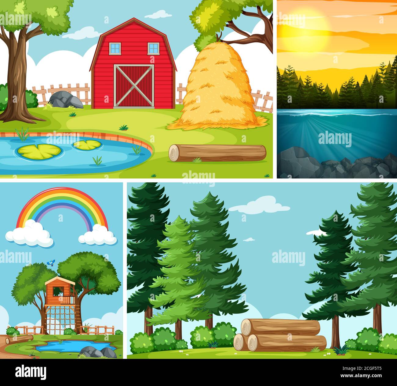 Four different scenes in nature setting cartoon style illustration ...