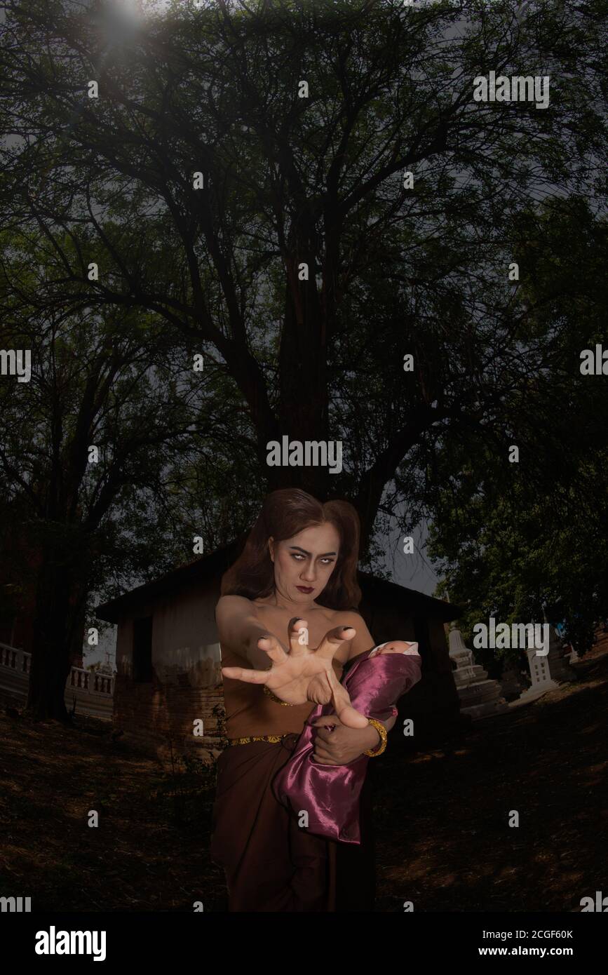 Ancient Thai ghosts in traditional costumes appearing in ancient Thai ...