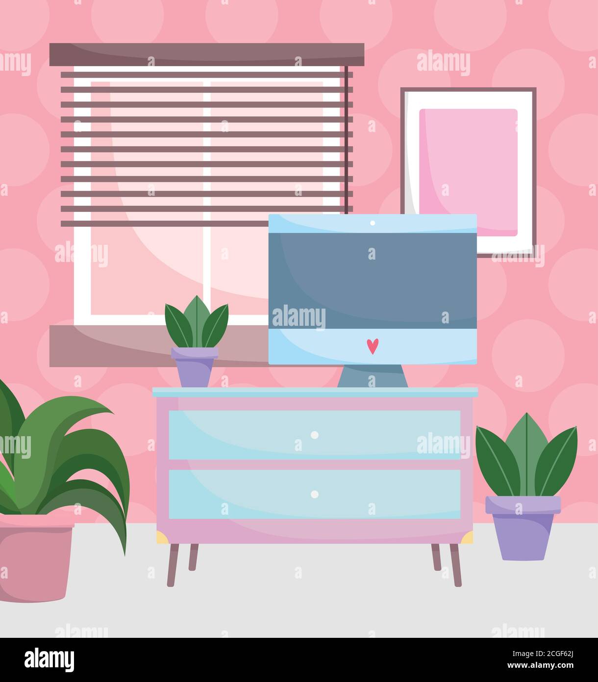 home office workplace computer on table with drawers plants window and ...
