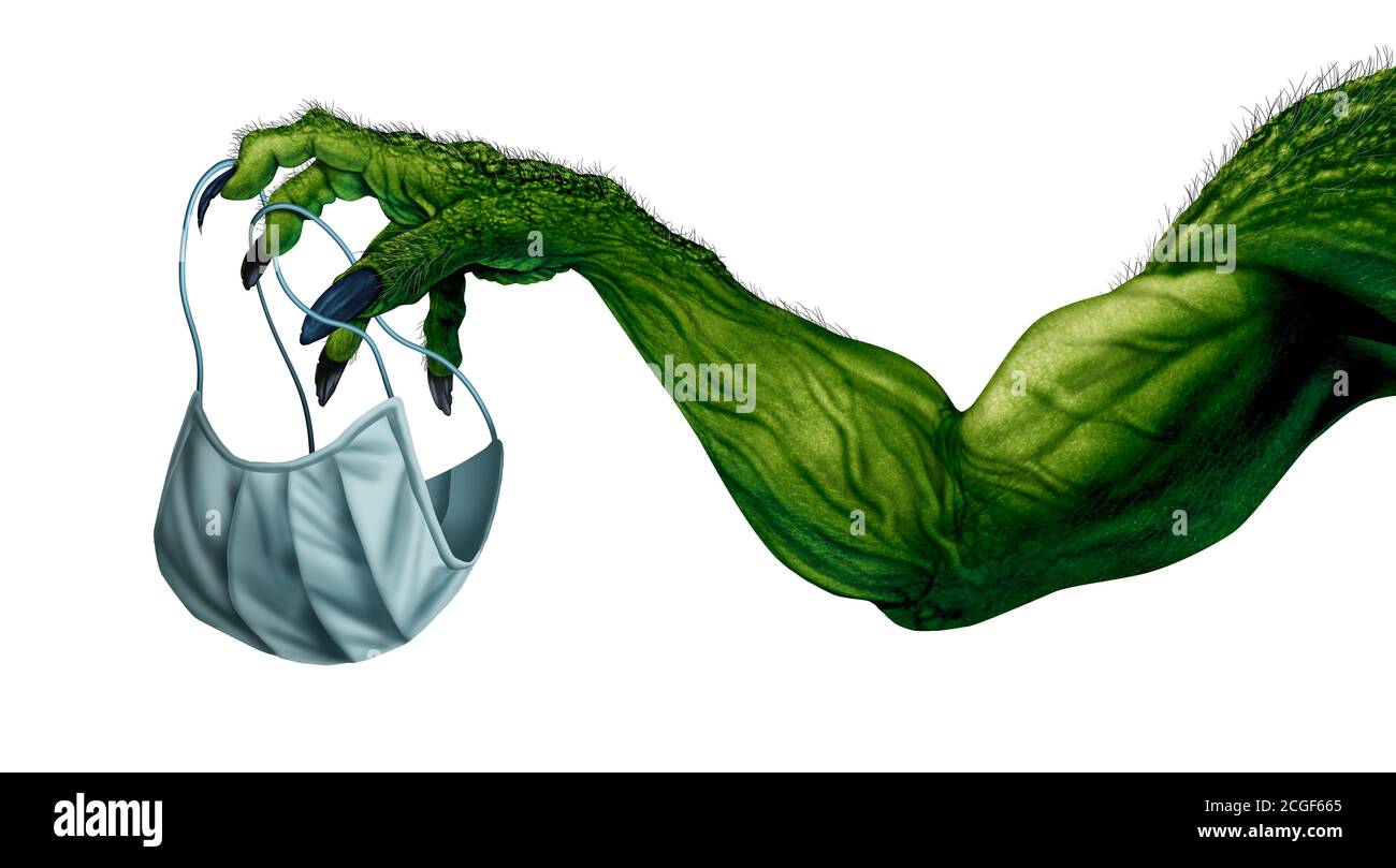 Halloween public health and face protective mask with an arm grabbing a ...