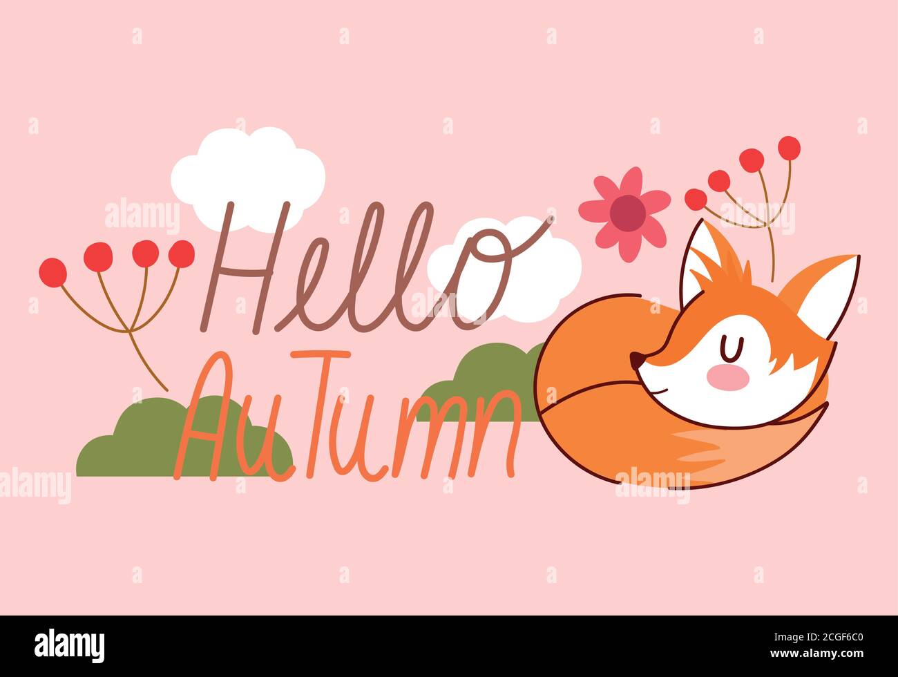 hello autumn, cute fox animal flowers bushes clouds cartoon banner ...