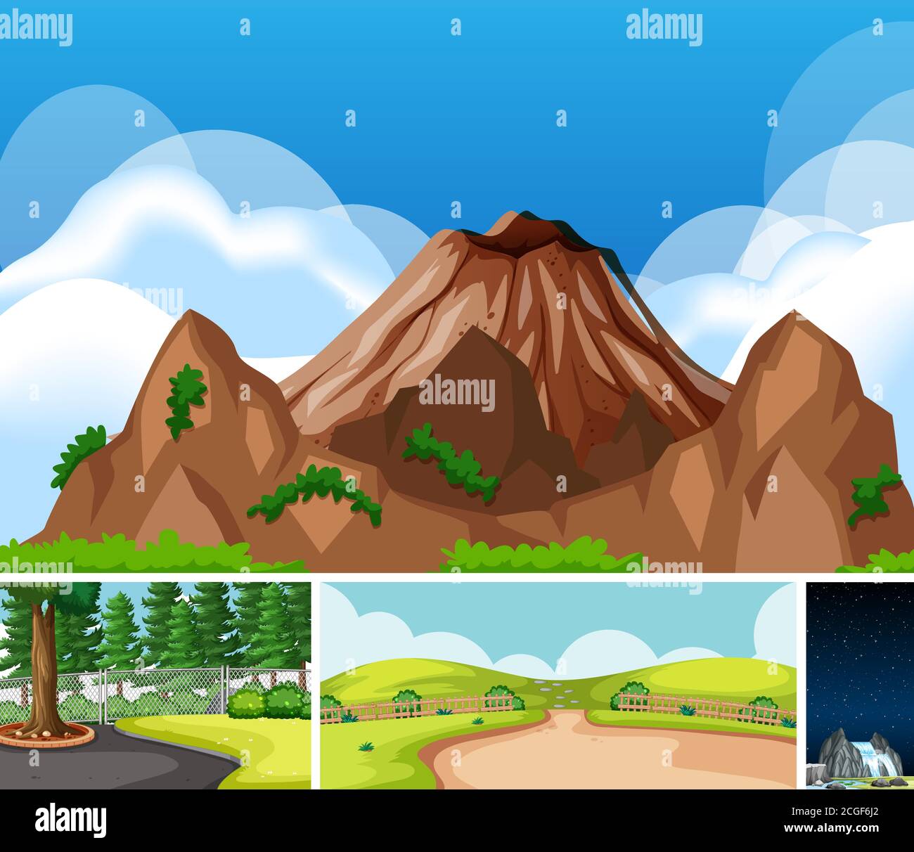 Four different scenes in nature setting cartoon style illustration ...