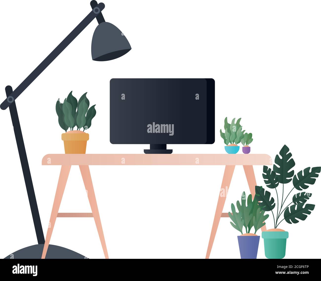 desk with computer lamp and plants vector design Stock Vector Image ...