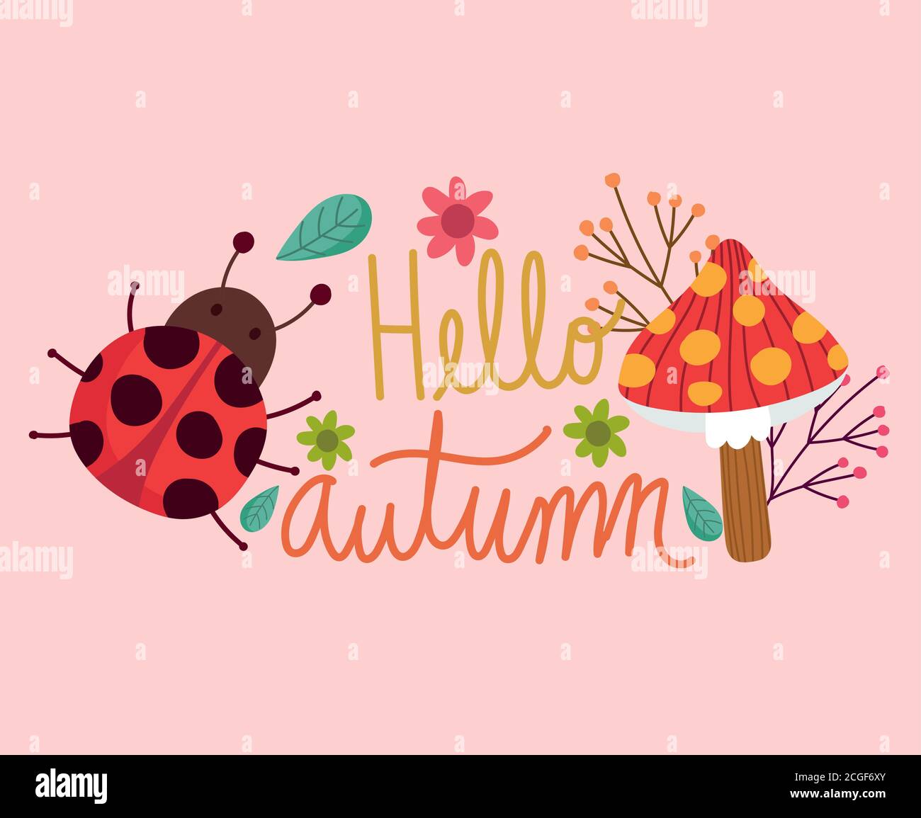 hello autumn cute ladybug mushroom leaf natural decoration vector ...