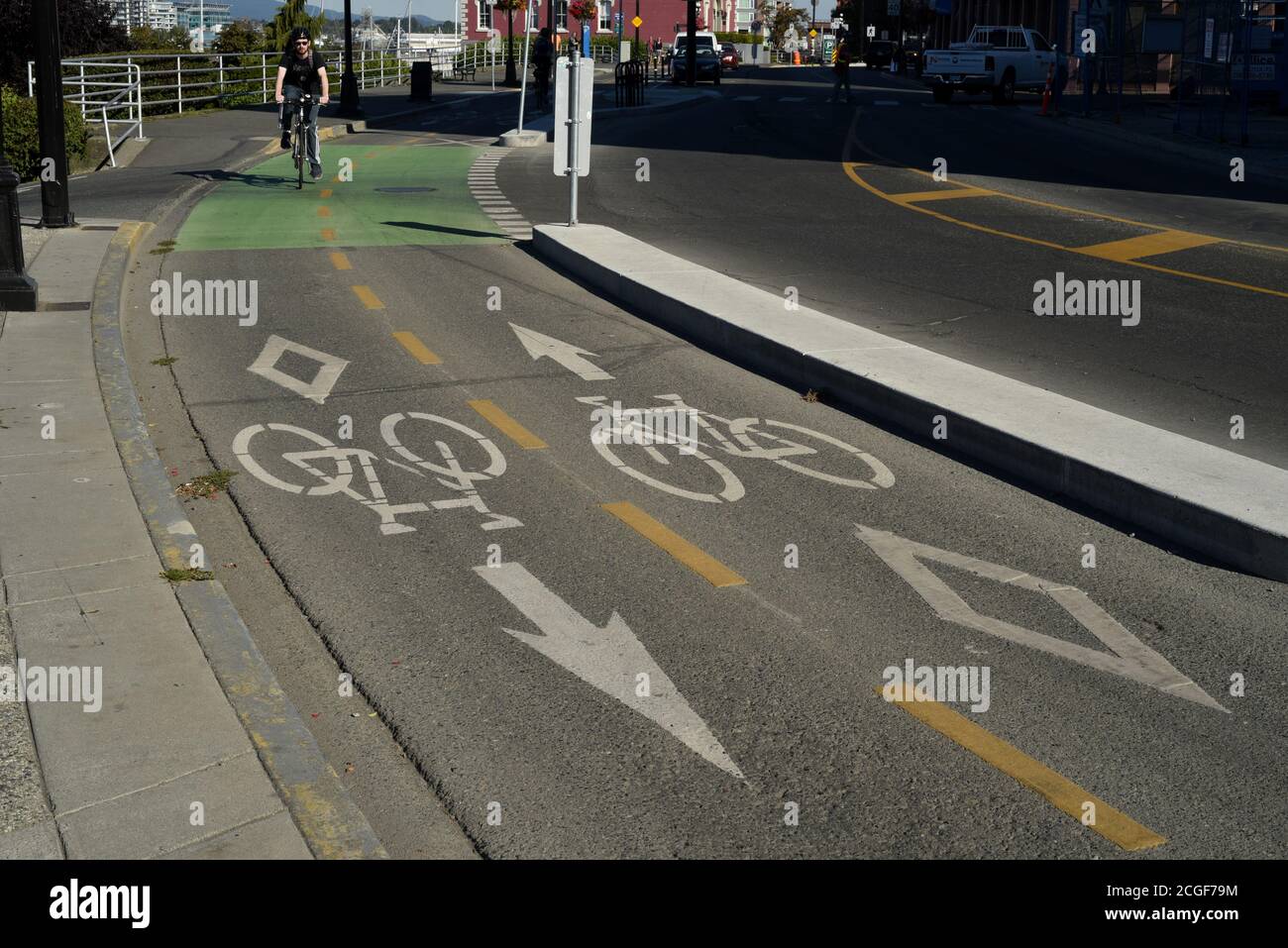 A bicycle path alongside Wharf Street in Victoria, British Columbia ...