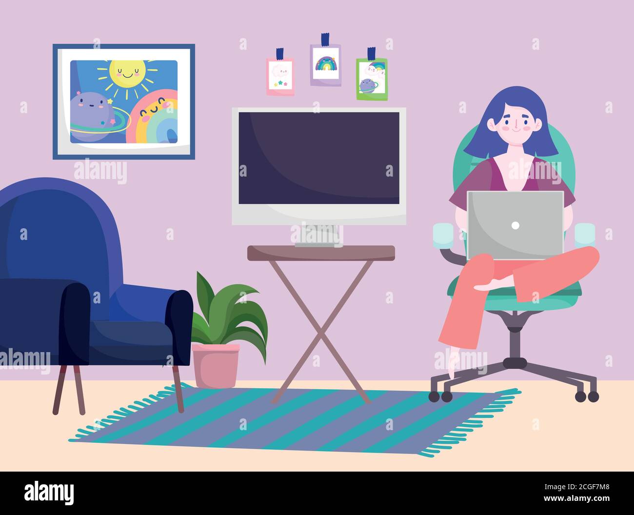 home office workspace, girl sits in a armchair and works on a laptop ...