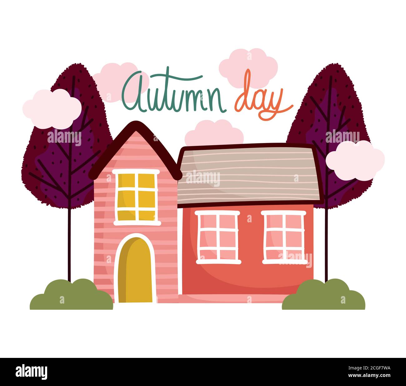 hello autumn, vintage house trees bushes sky clouds cartoon vector ...